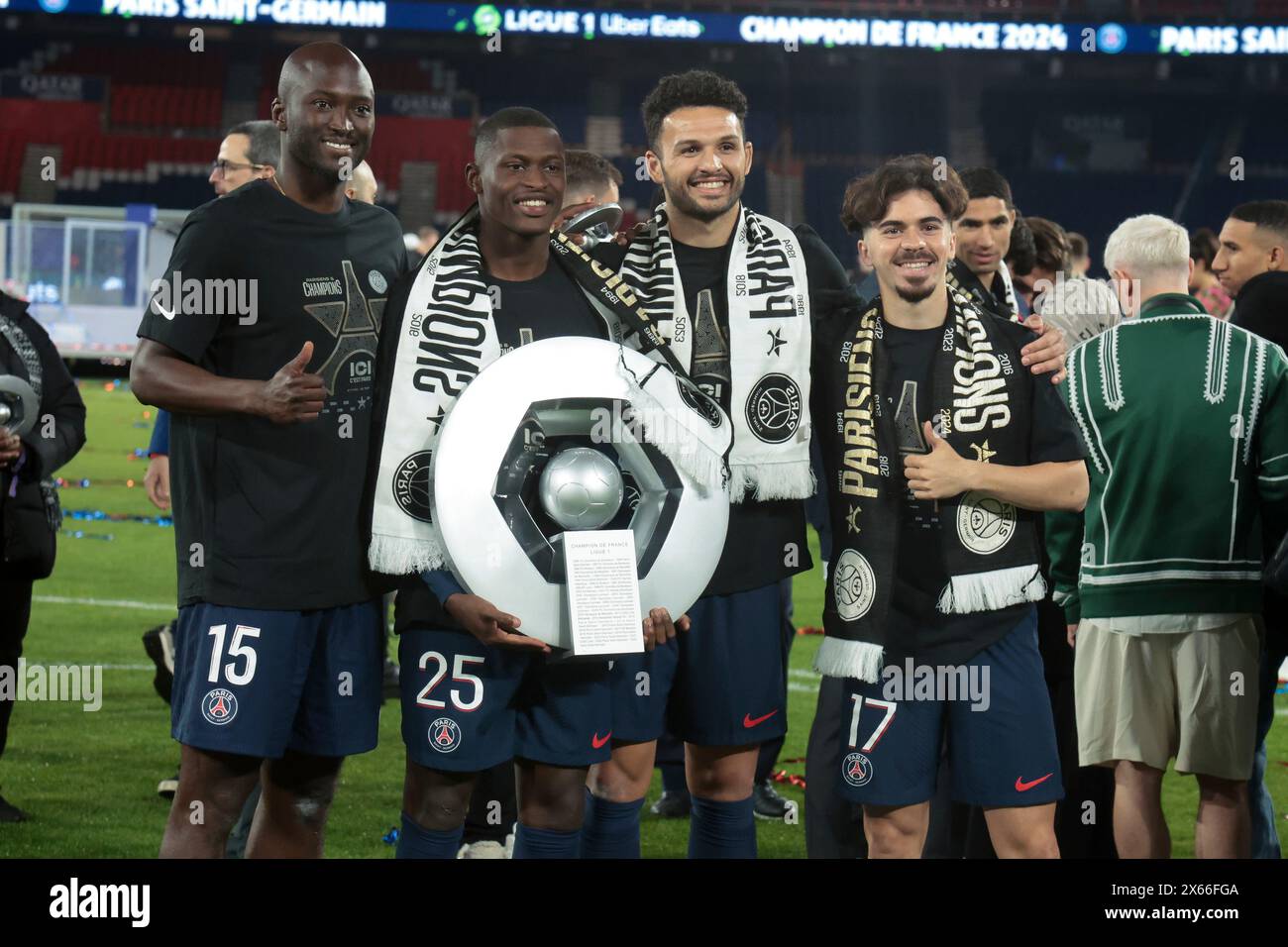Paris, France. 13th May, 2024. Danilo Pereira, Nuno Mendes, Goncalo Ramos, Vitinha of PSG ...
