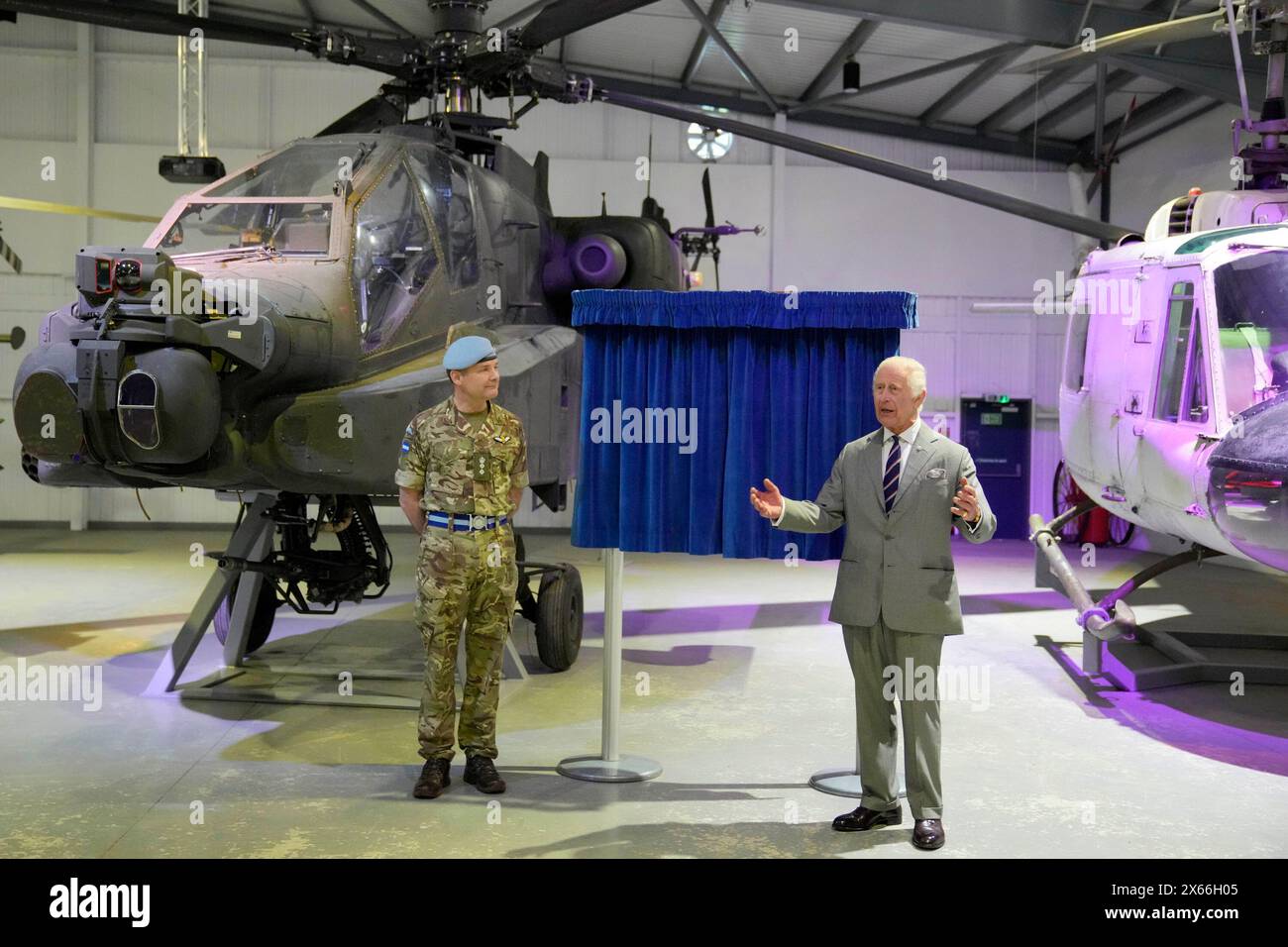 King Charles III speaks during a visit to the Army Aviation Centre at ...