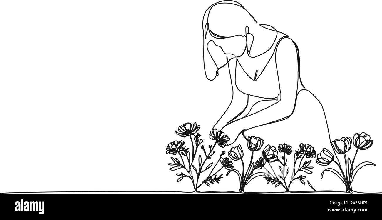 continuous single line drawing of woman picking flowers, line art ...