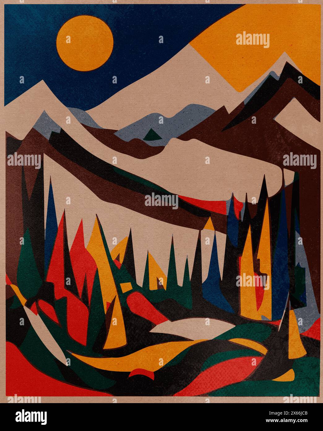 A mountain scene with the sun in the background, 1980s poster style ...