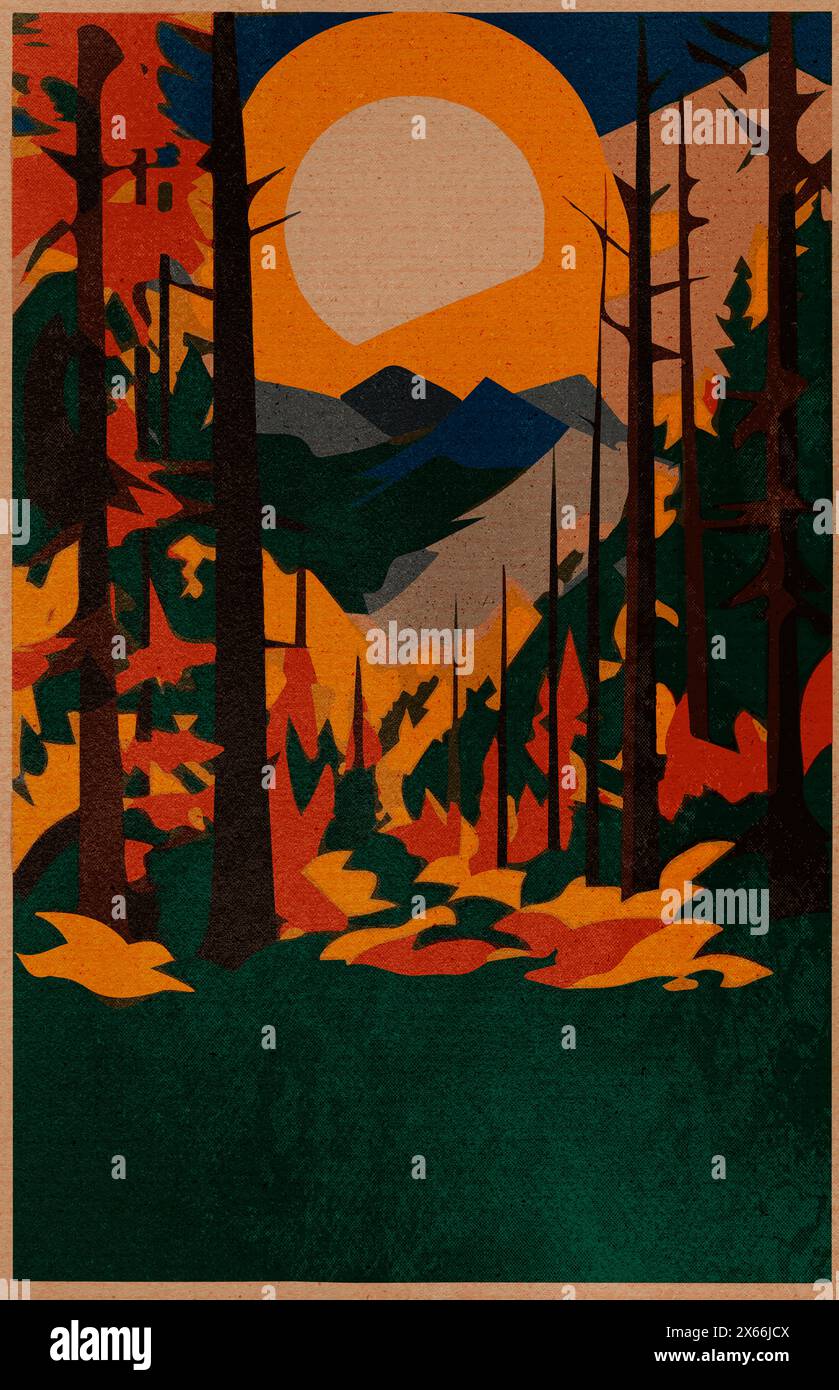 A mountain scene with trees, retro poster, giant sun, paper cutouts of ...