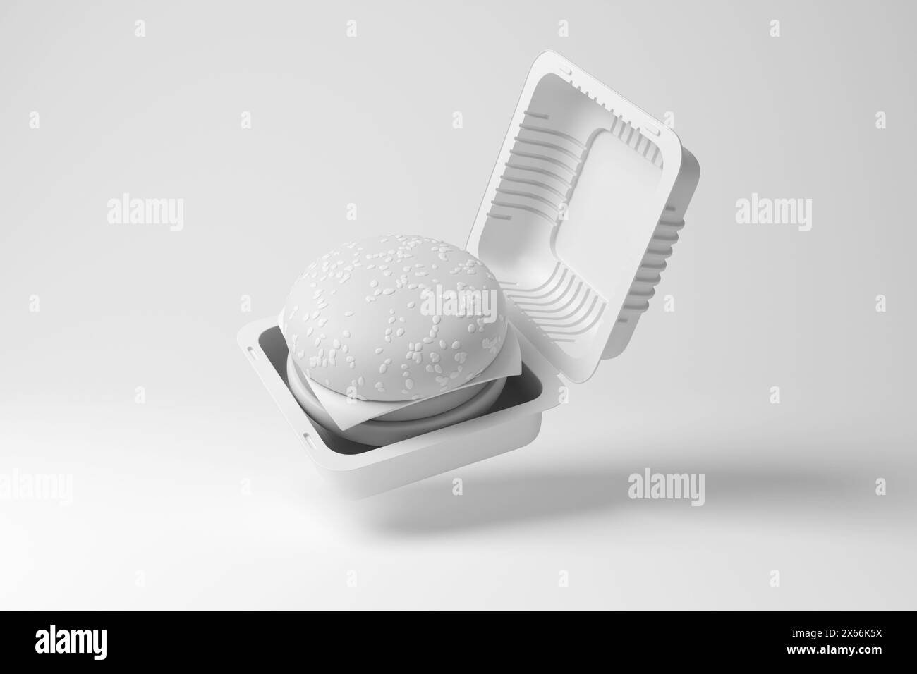 White burger in square plastic box floating in mid air in monochrome ...
