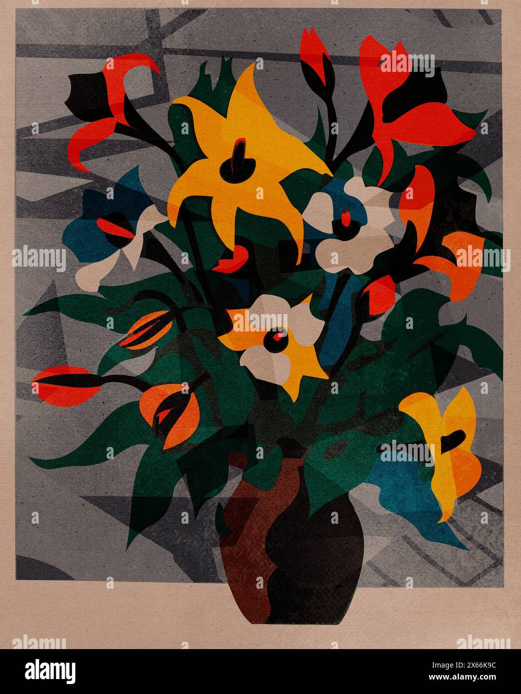 An illustration of flowers in a vase on a table, 50s style poster ...