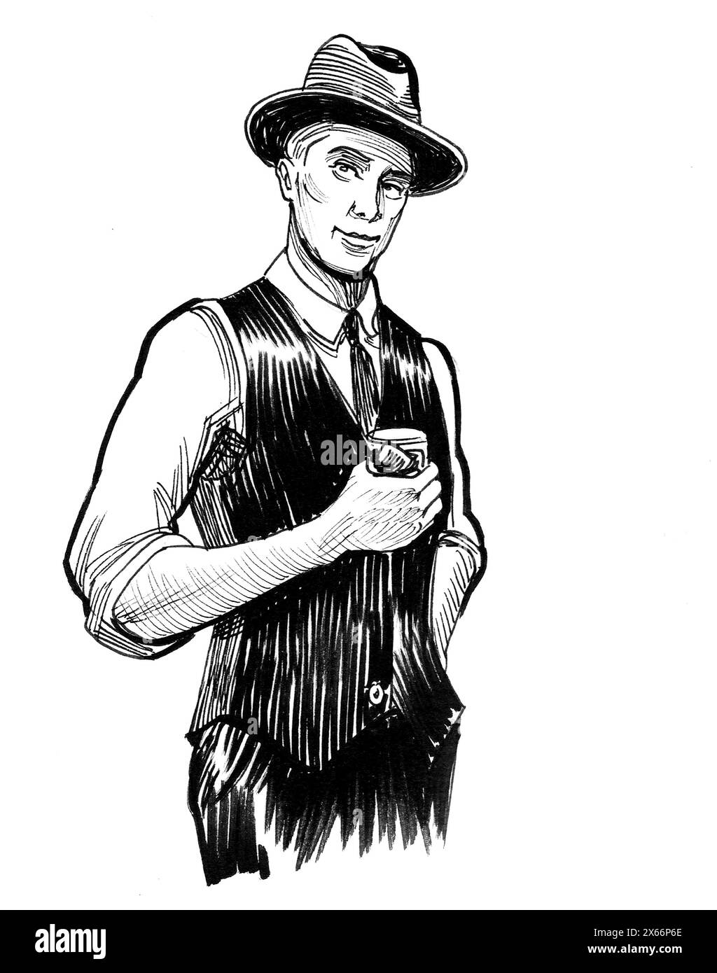 Smart well dressed man drinking a glass of whiskey. Hand drawn retro ...