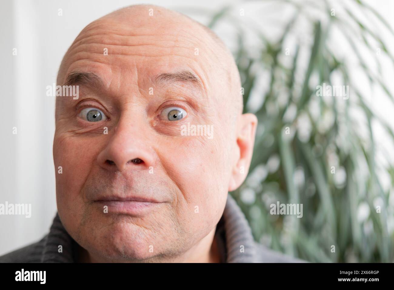 65-year-old eccentric man, senior showing grimaces, winks, mischievous ...