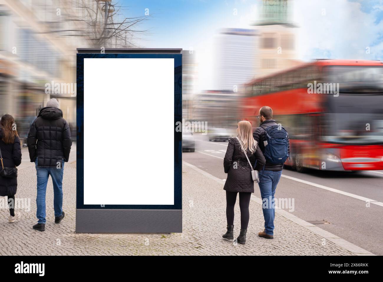 vertical Mockup billboard stands, people walk and transport move in ...
