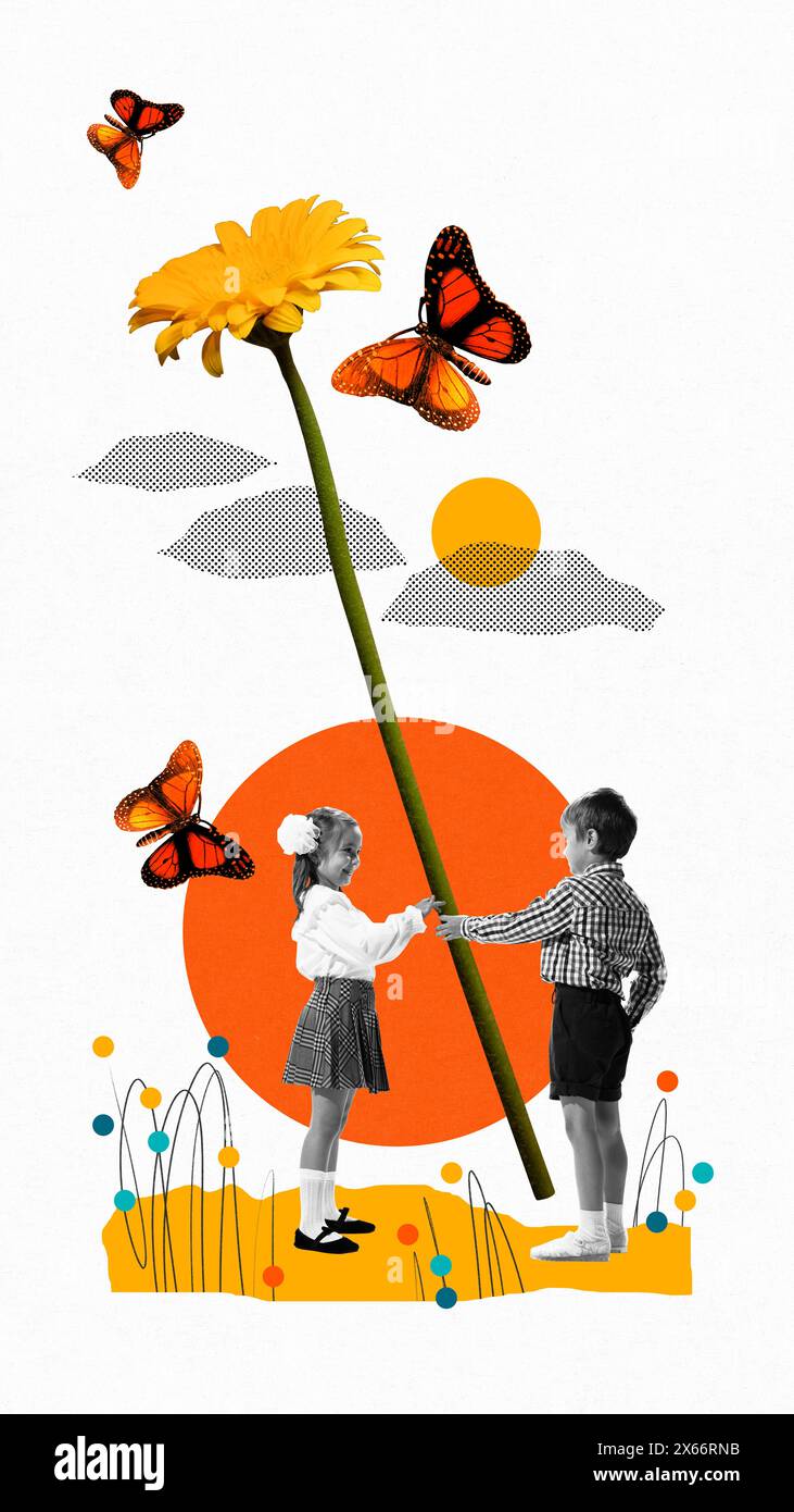 Monochrome kids against light background with colorful elements. Boy ...