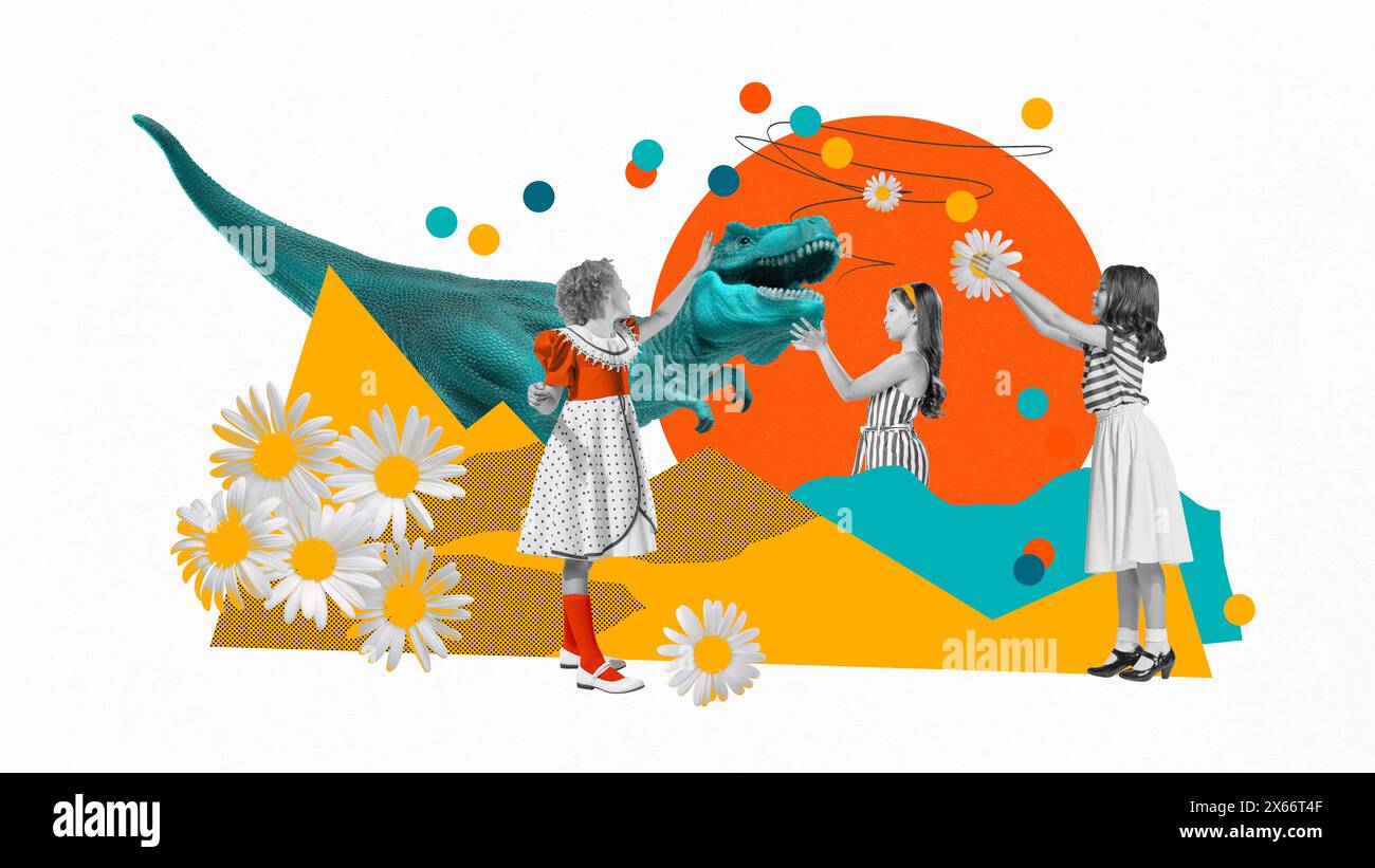 Little girls, children playing with imagination and tout against white ...