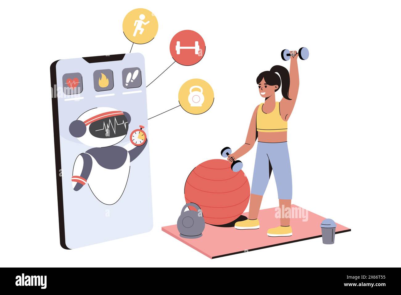 Personal coaching, online training with ai fitness chatbot. Woman use artificial intelligence ...