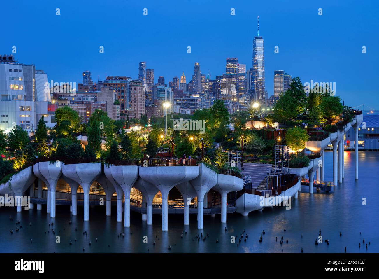 Night view of Little Island and Lower Manhattan from Pier 57 Rooftop ...