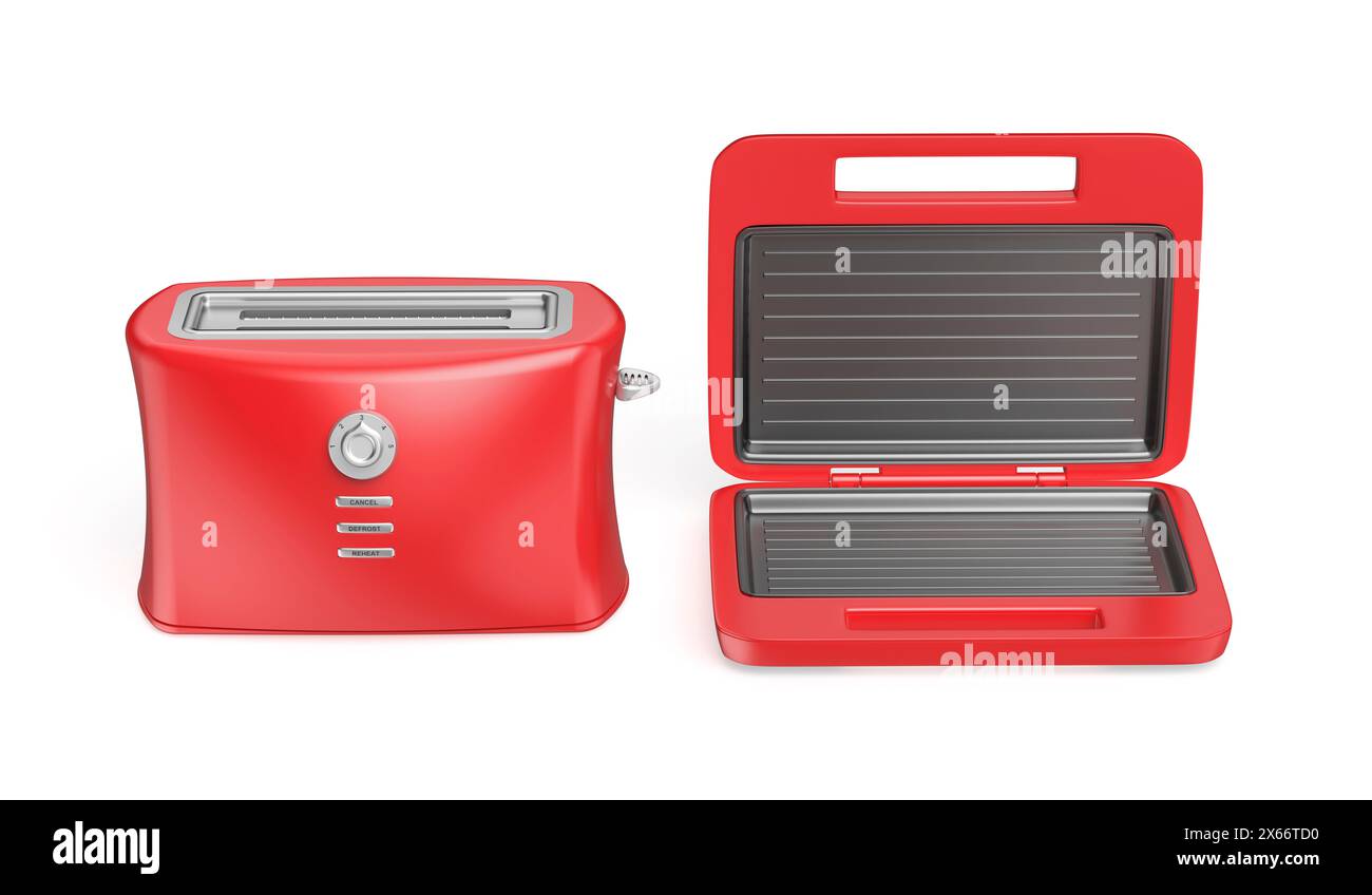Red electric toaster and sandwich maker on white background Stock Photo ...