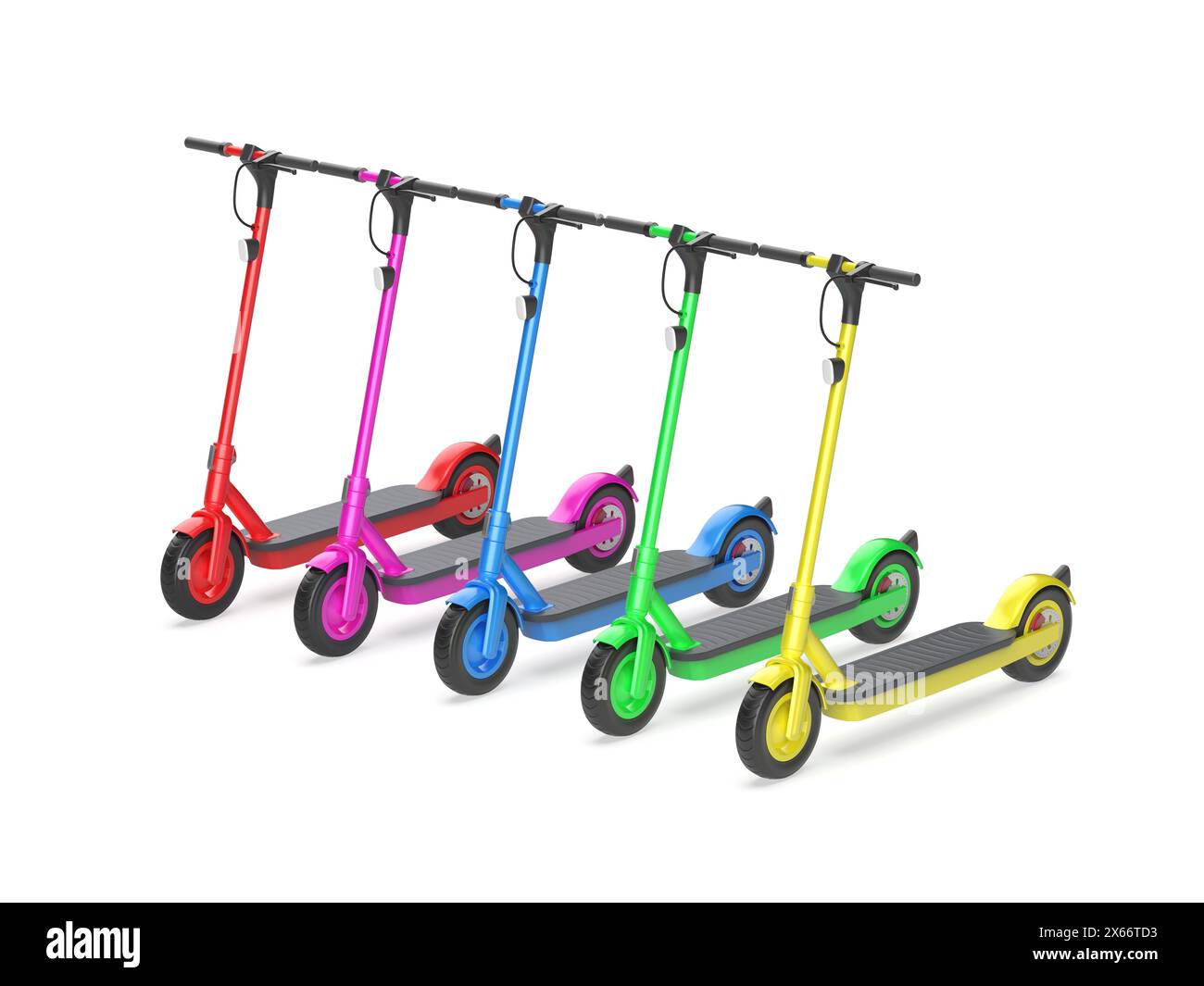 Row with five electric scooters with different colors on white ...