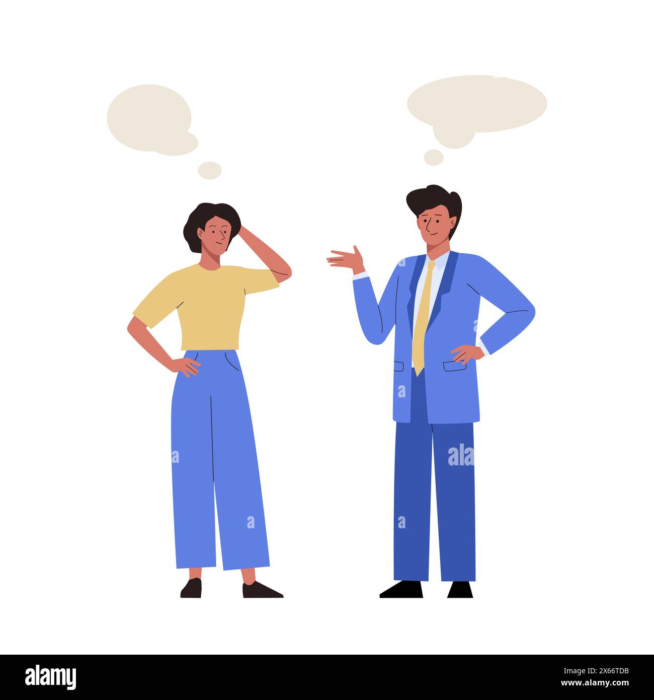 Chatting man and woman with empty speech bubbles. Business people meet and talk with each other ...