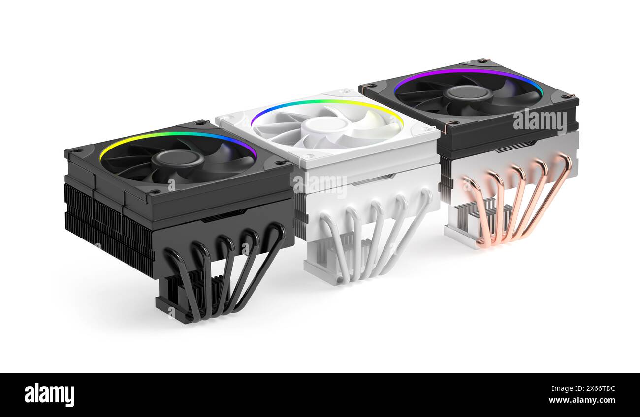 Five low-profile cpu air coolers with different colors on white ...