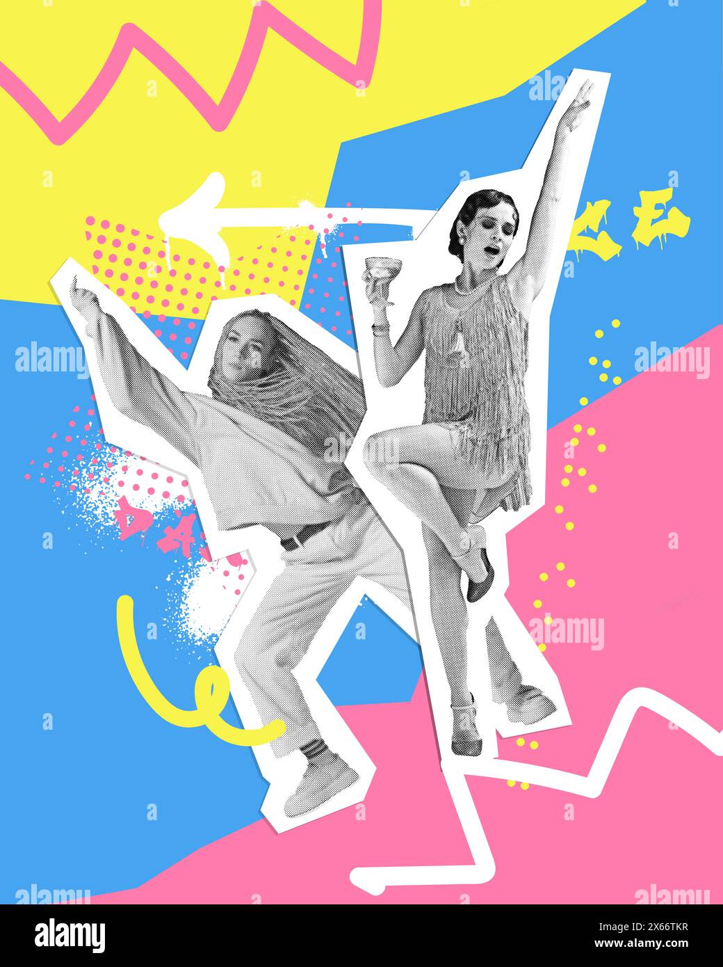 Poster. Contemporary art collage. Two women modern and retro clothes in ...