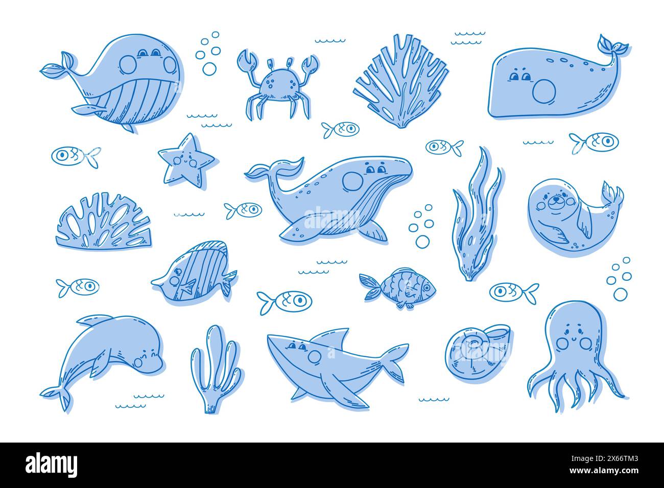 Ocean aquatic animals clipart hand doodle. Funny Underwater mammals ...