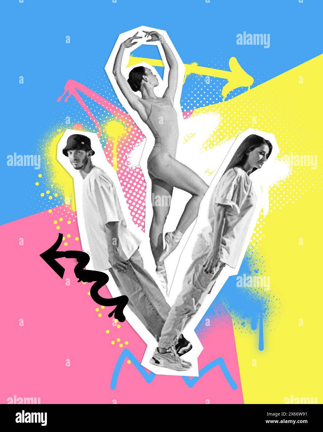 Poster. Contemporary art collage. Tender ballerina dancing with couple ...