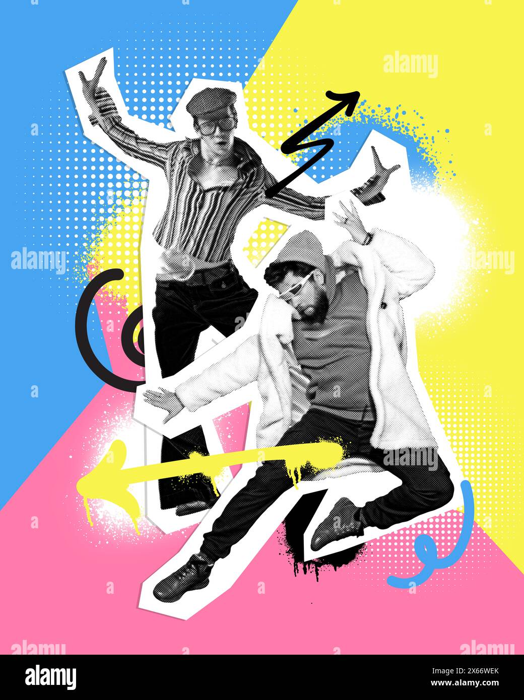 Poster. Contemporary art collage. Black and white male dancers modes in ...