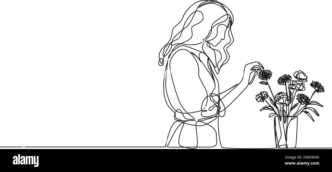 Continuous Single Line Drawing Of Woman Touching Flowers In Vase Line