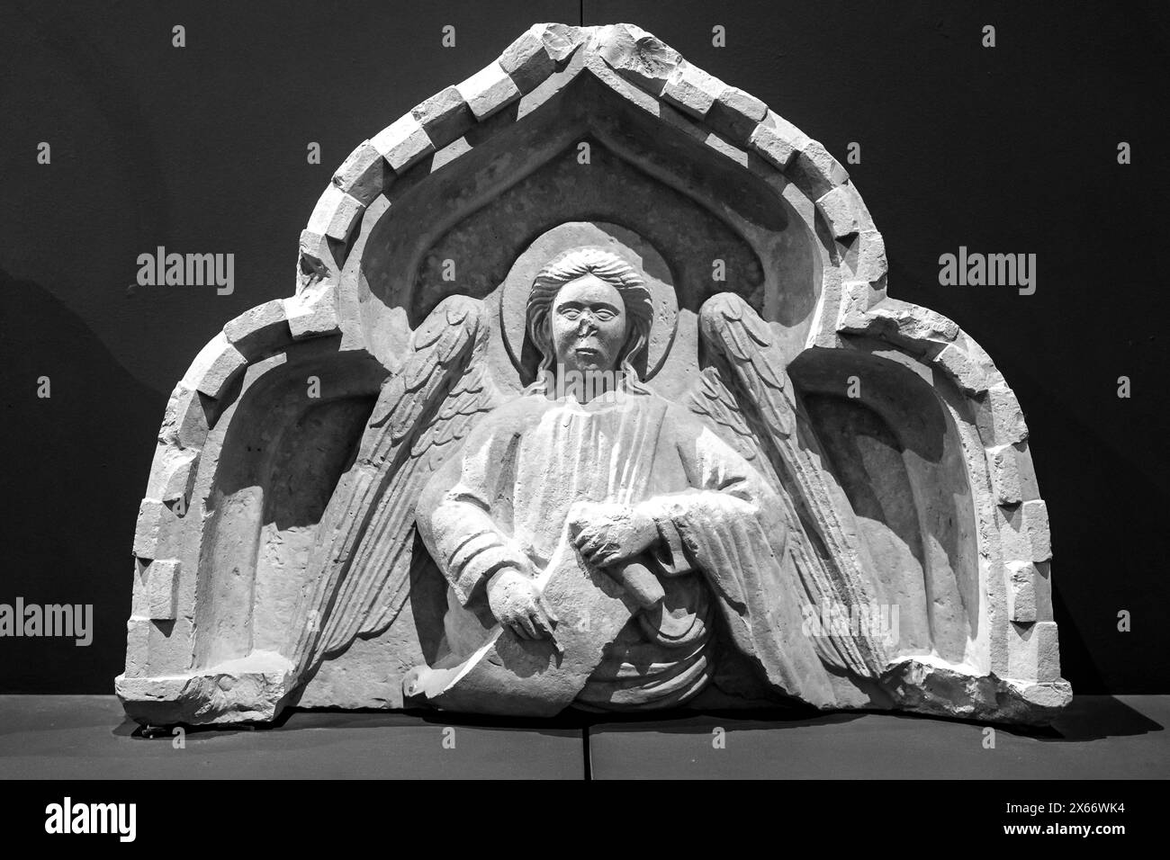 Black and white photo of part of marble medieval sculpture of italian ...