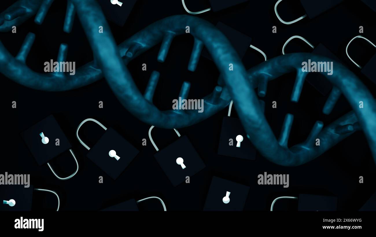 3d rendering of DNA helix and padlock. Protecting privacy and data security of personal DNA ...