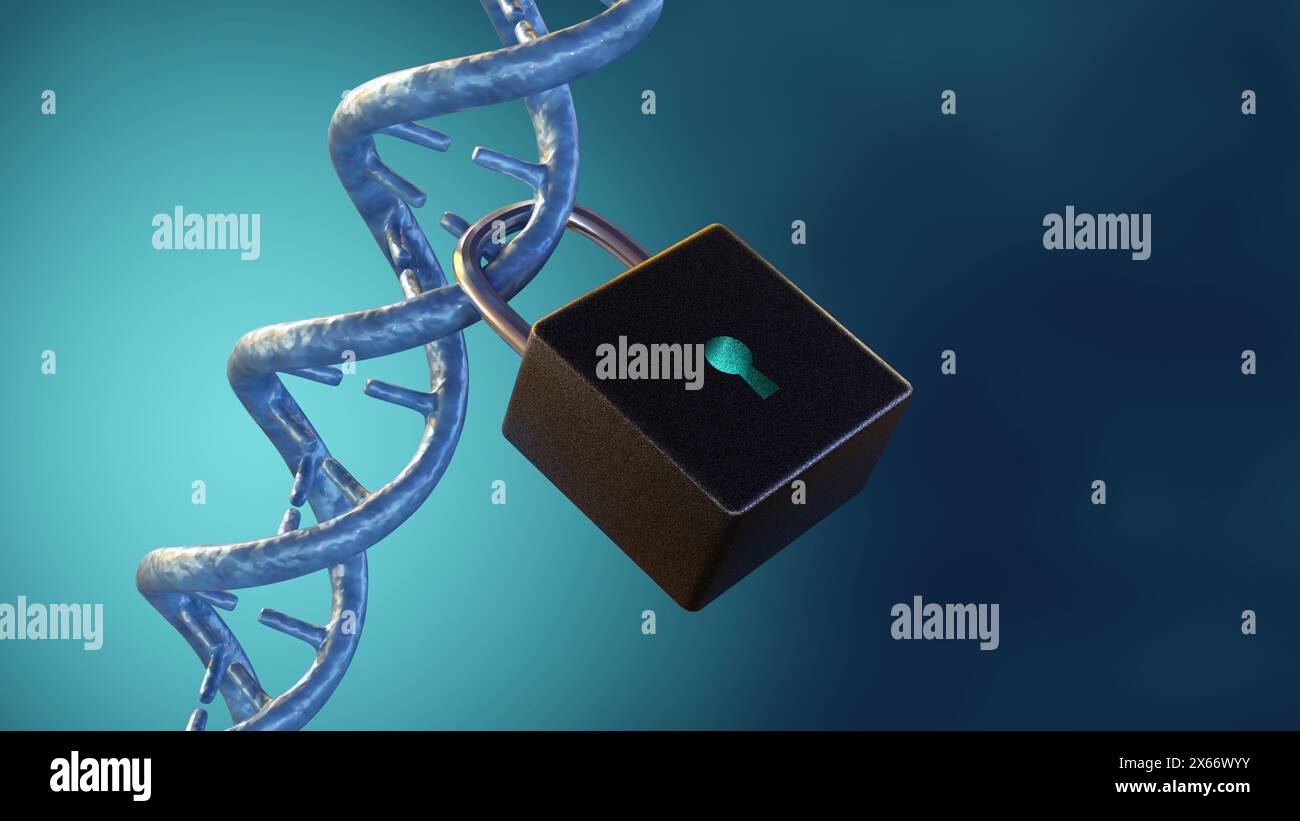 3d rendering of DNA helix and padlock. Protecting privacy and data security of personal DNA ...
