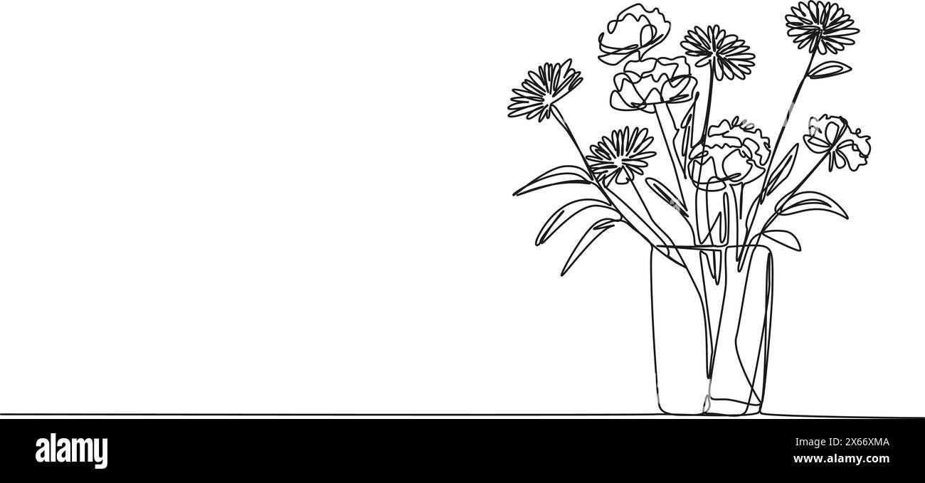 continuous single line drawing of bouquet of flowers in flower vase ...