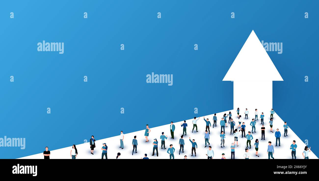 Large group of people stand in front of arrow. Concept of financial and ...