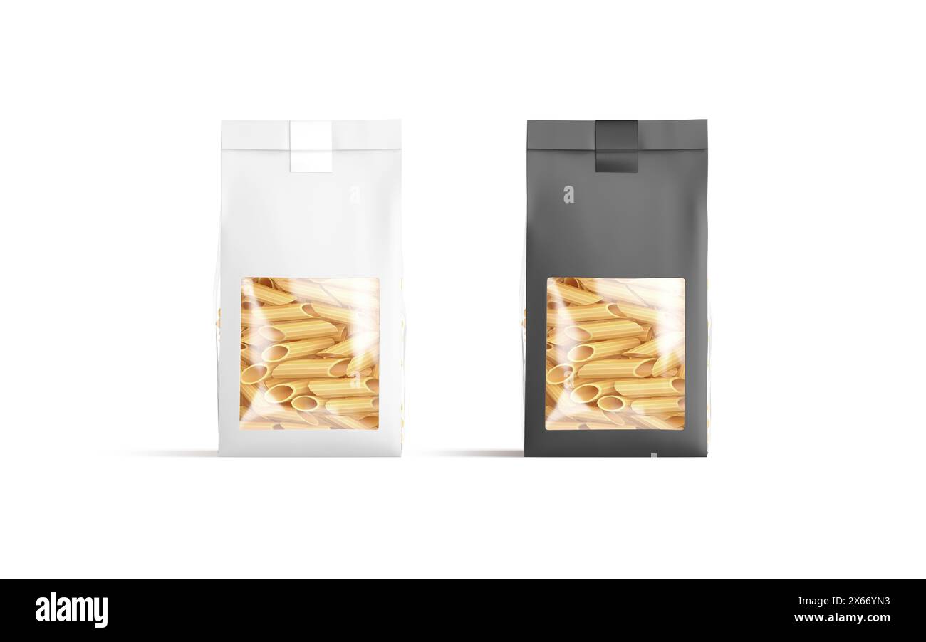 Blank black and white paper pack with penne pasta mockup, 3d rendering ...