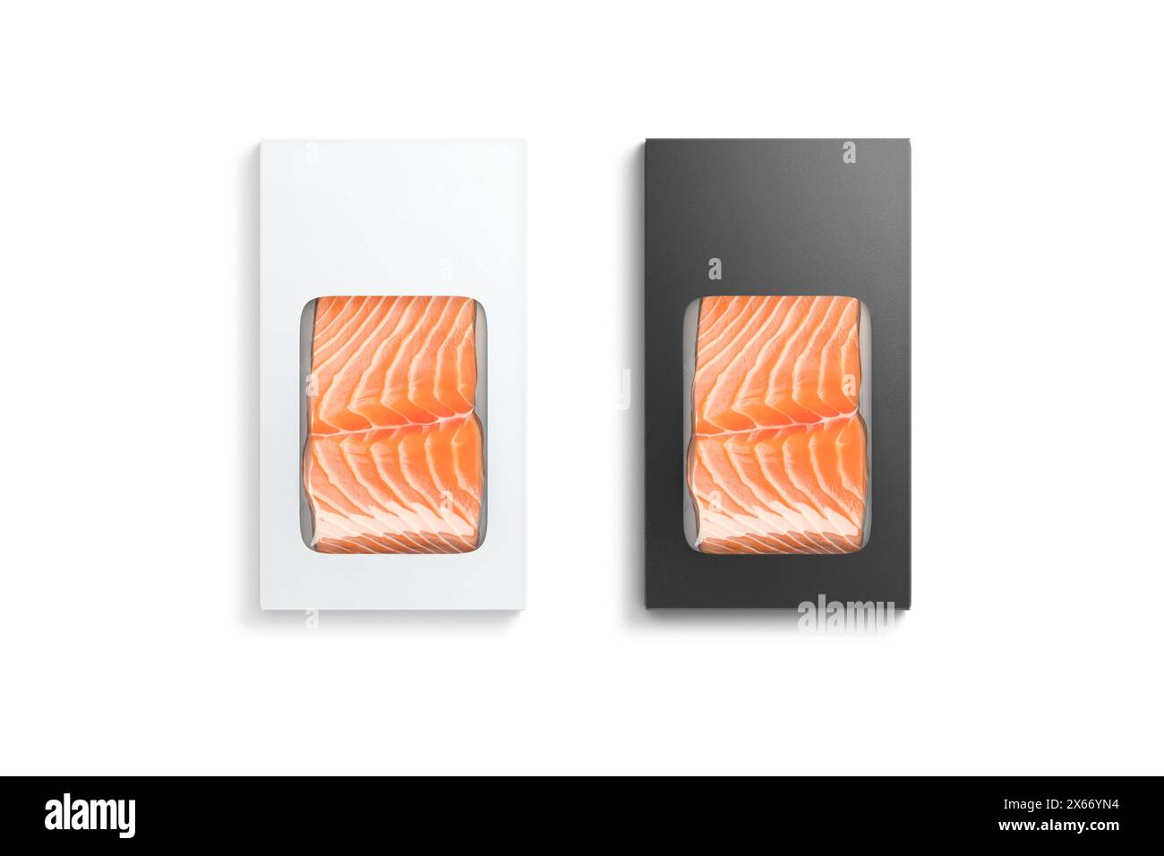 Blank black and white box pack with salmon mockup, isolated, 3d ...