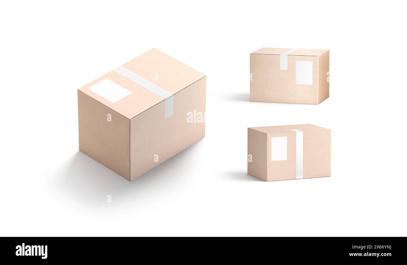 Blank white shipping label on craft box mockup, different sides, 3d ...