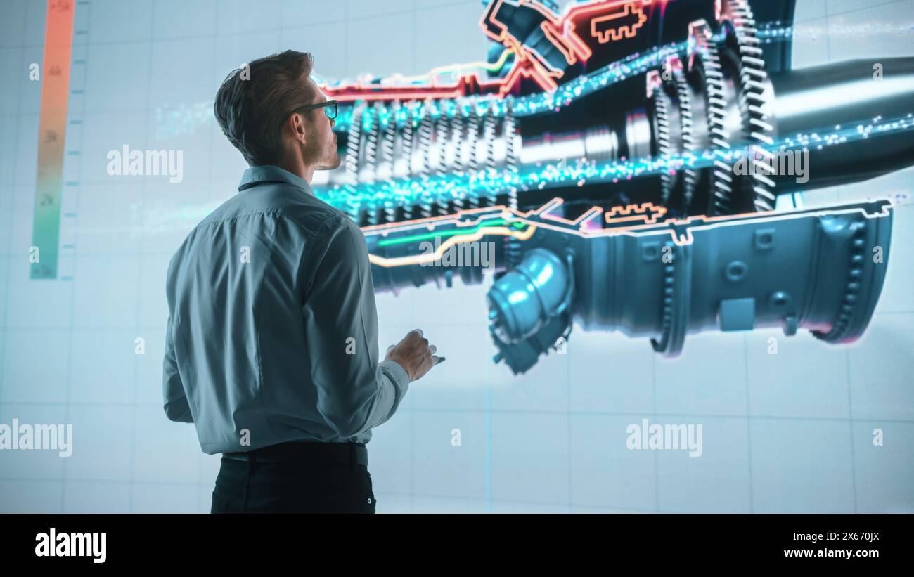 Innovative Green Energy Startup: Engineer Designing Engine Using Tablet ...