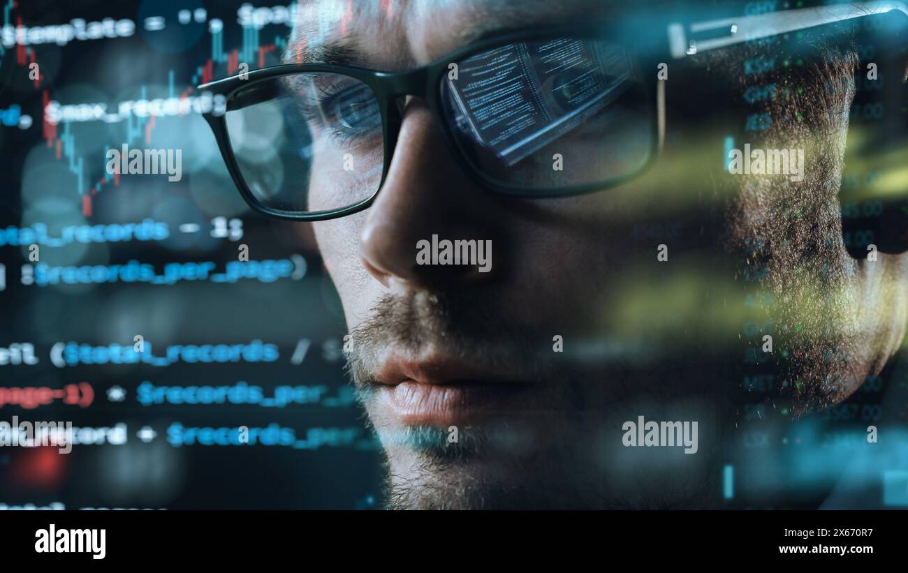 Close Up Portrait Of Software Engineer Working On Computer Line Of