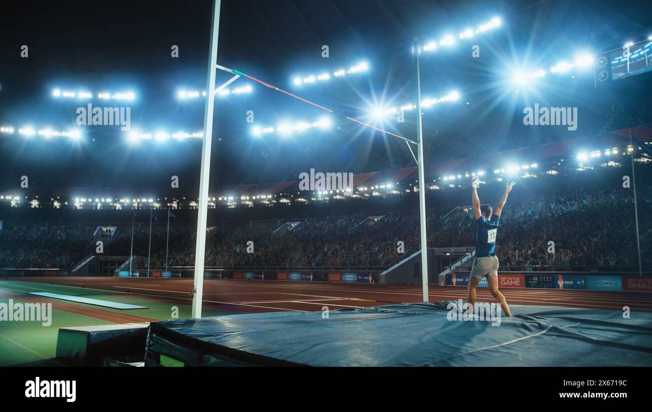 Pole Vault Jumping: Professional Male Athlete Happily Celebrating New ...