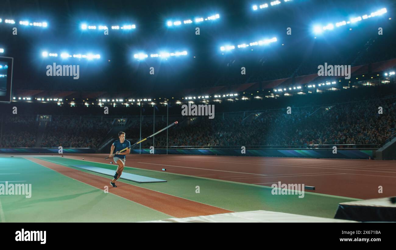 Pole Vault Jumping: Professional Male Athlete on World Championship Running with Pole to Jump ...