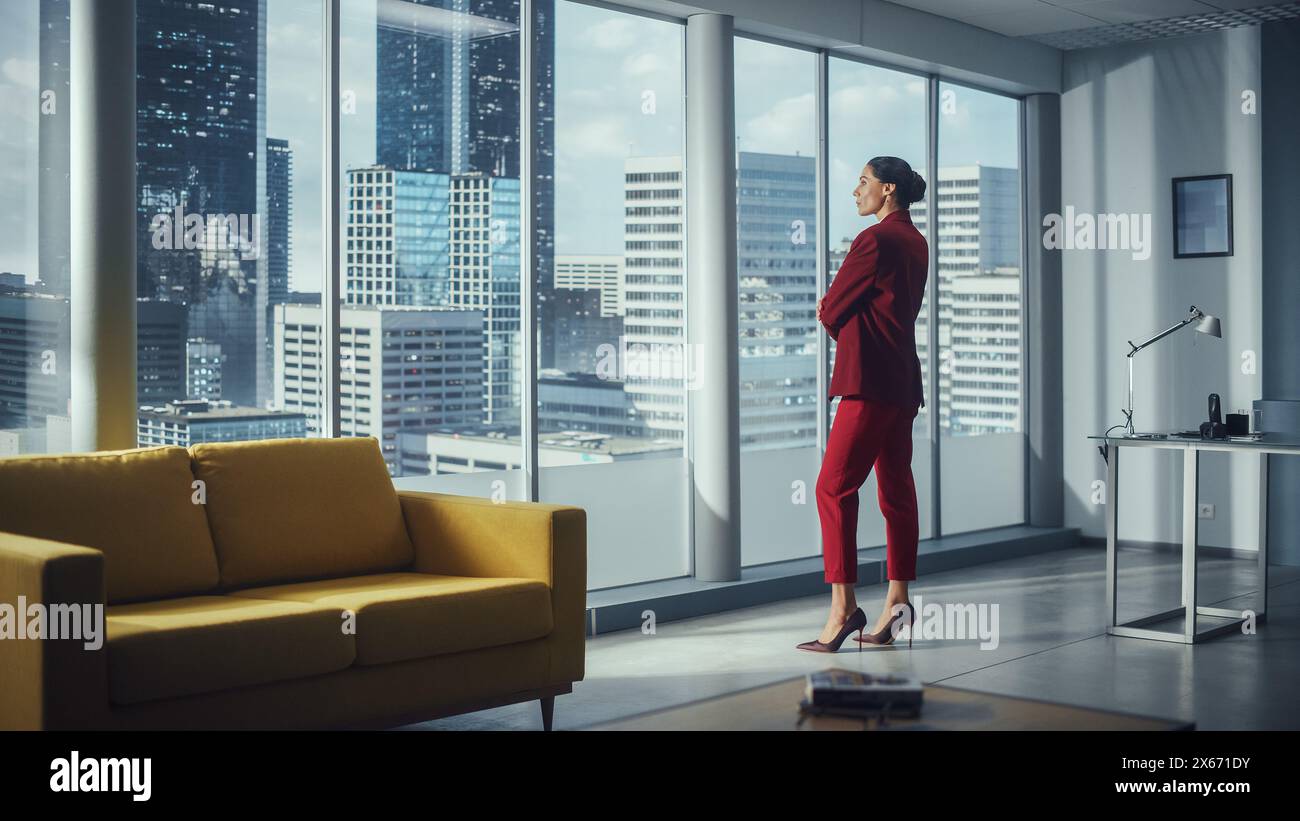 Successful Thoughtful Businesswoman Wearing Perfect Red Suit Standing ...