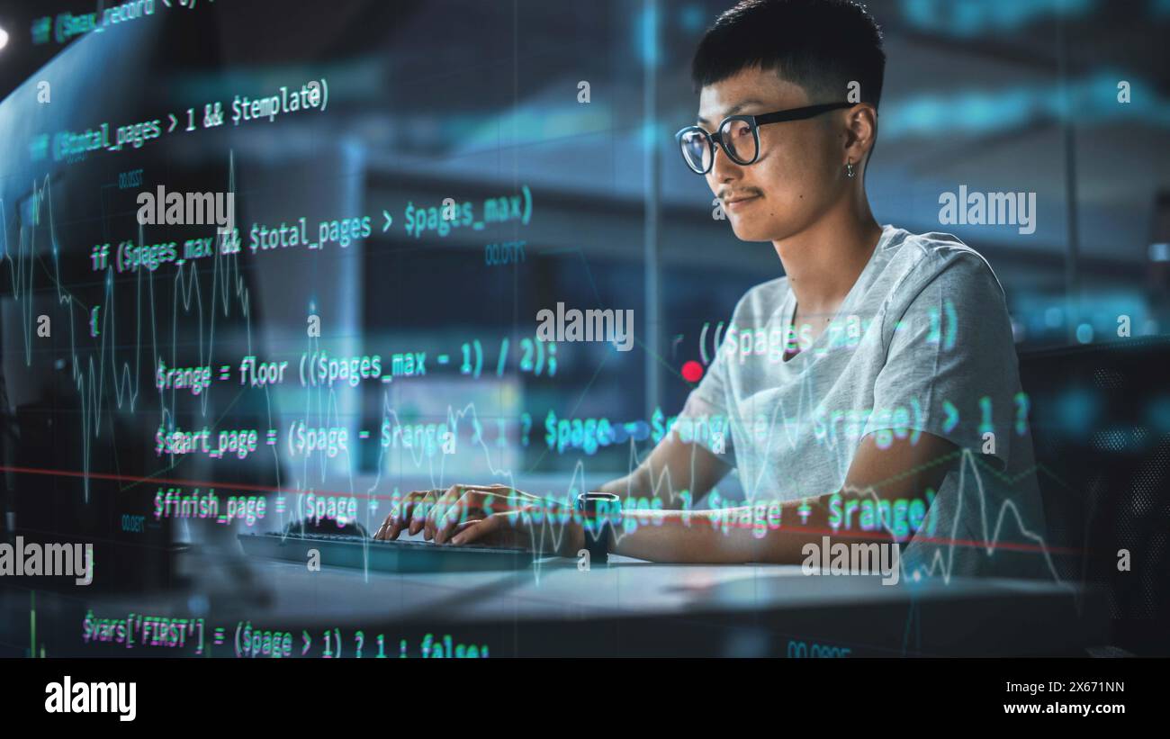 Shot with Visualisation of Running Script Code on Foreground. Young ...