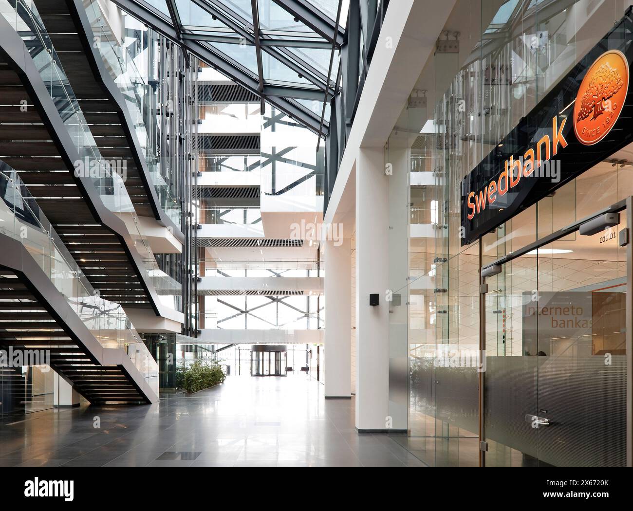 Ground floor atrium with staircase and glazed skylight. SwedBank ...