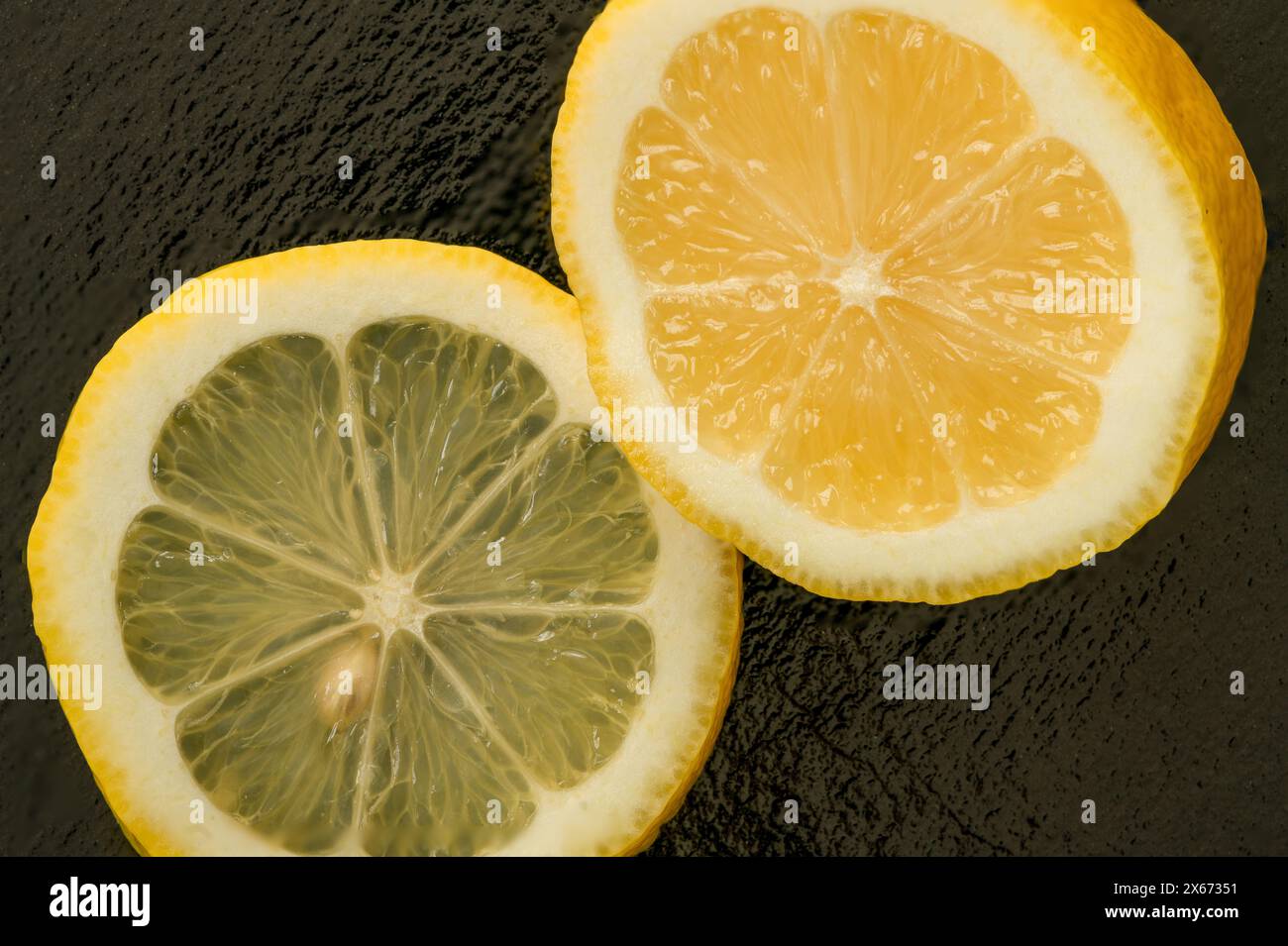 Lemon slice and half lemon on black background, aranged diagonally ...