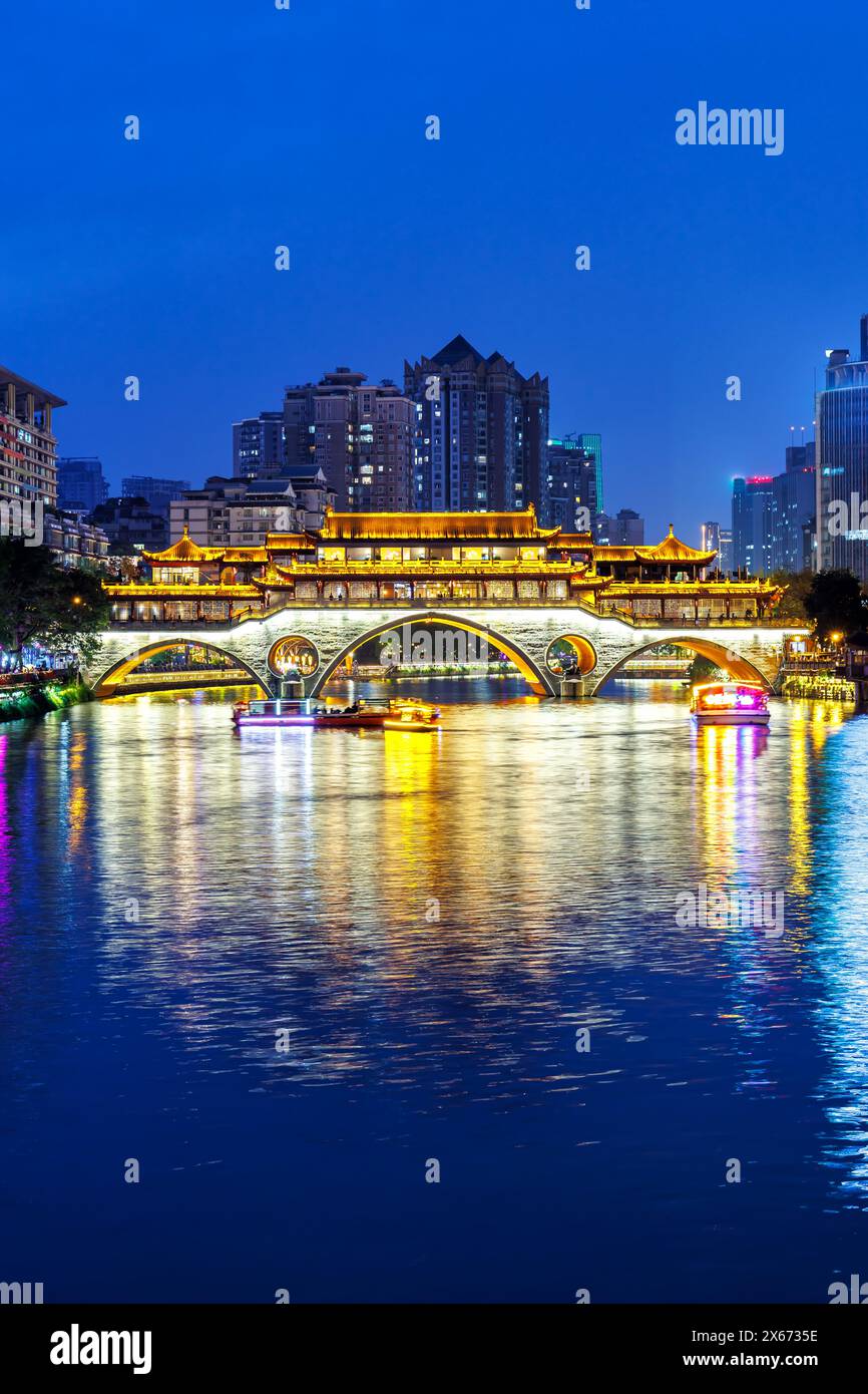Chengdu Anshun Bridge over Jin River with Pagoda at night twilight ...