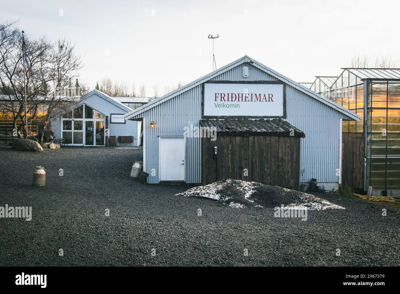South Iceland-2nd march, 2023: welcome sign and tomato greenhouse ...