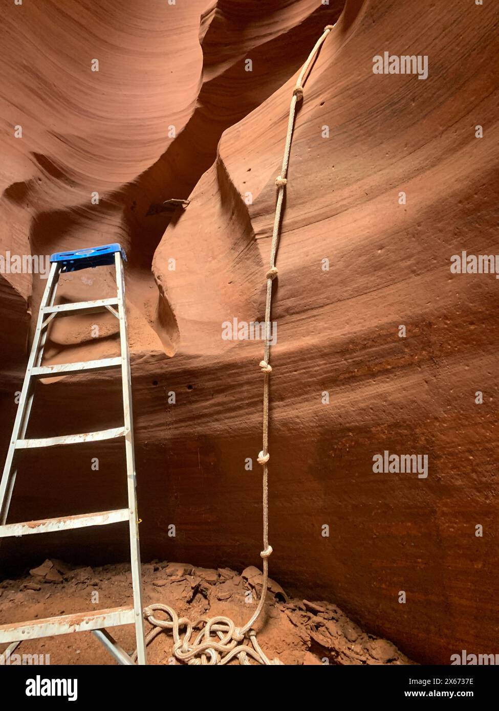 Inside of an Arizona slot canyon is a standard ladder propped up ...