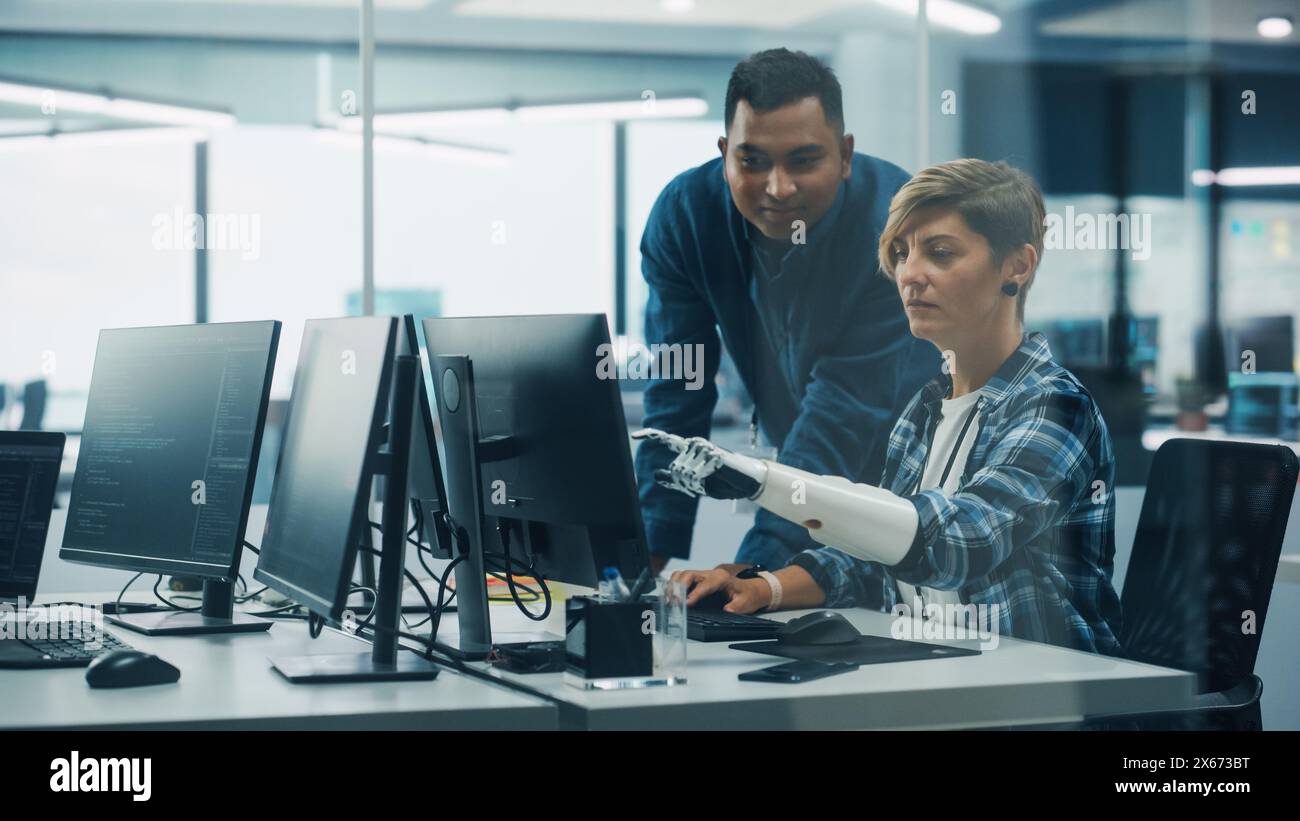 Teamwork In Diverse Inclusive Office: Project Manager Talks with Woman with Disability with ...