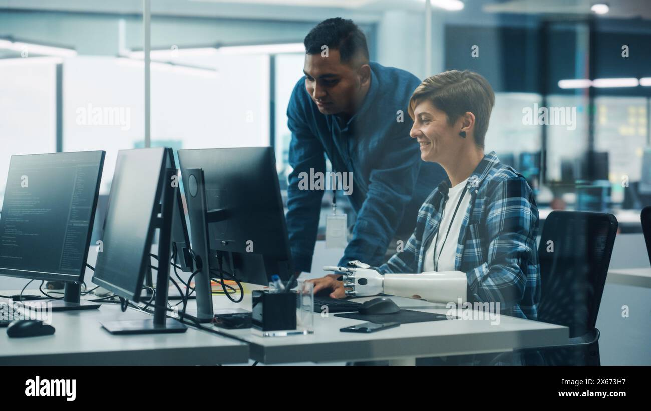 Teamwork In Diverse Inclusive Office: Project Manager Talks with Woman with Disability with ...