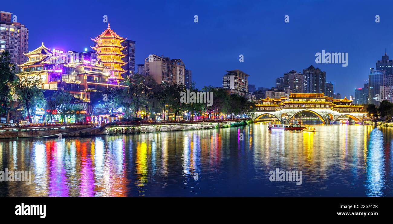 Chengdu Anshun Bridge over Jin River with Pagoda at night twilight ...