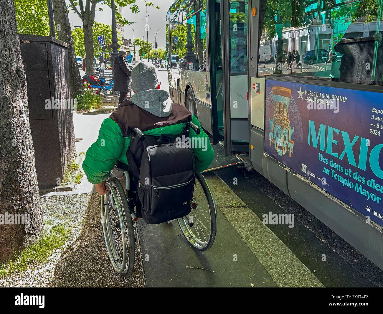 Paris, France, Man sitting in Wheelchair, from behind, Getting on ...