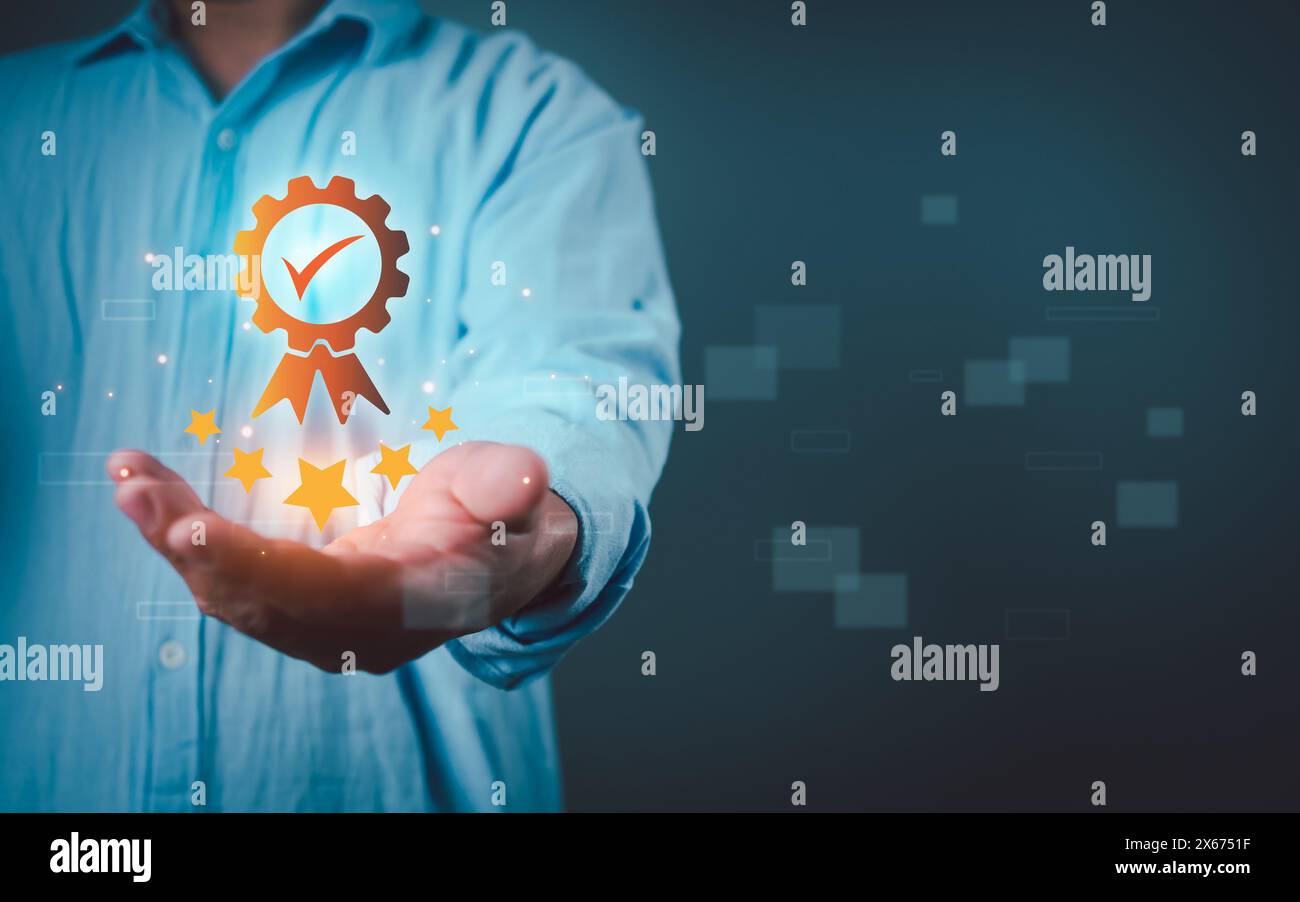 Quality Assurance Concept, Human shows the sign of the top service ...