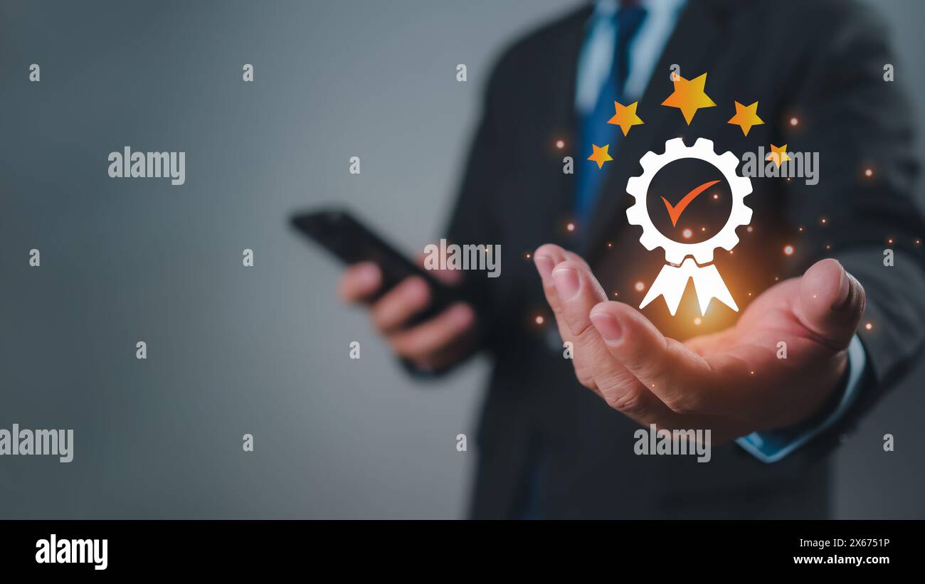 Quality Assurance Concept, Human shows the sign of the top service ...