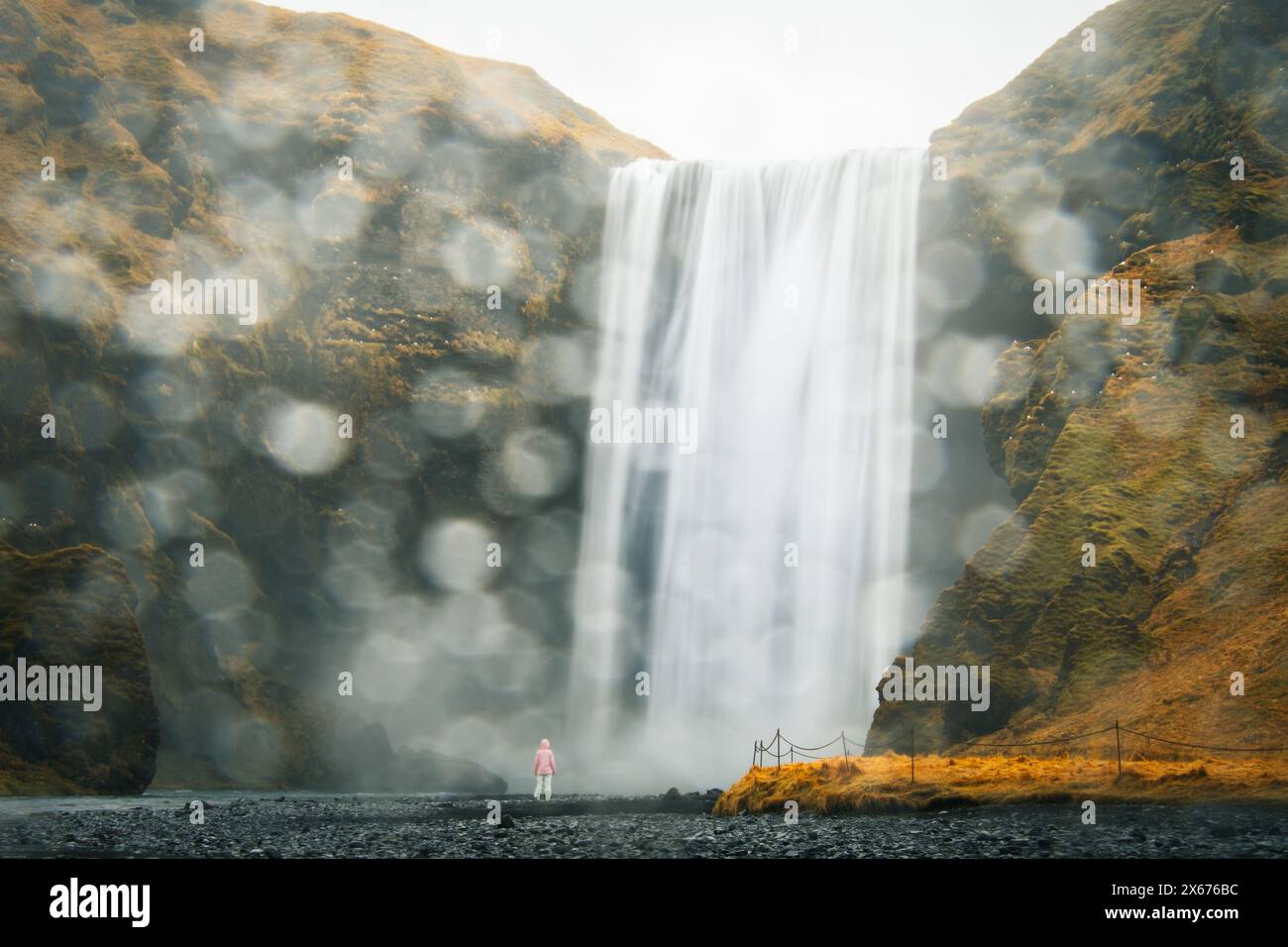 Tourist wear pink jacket stand by beautiful dramatic famous Skogafoss ...