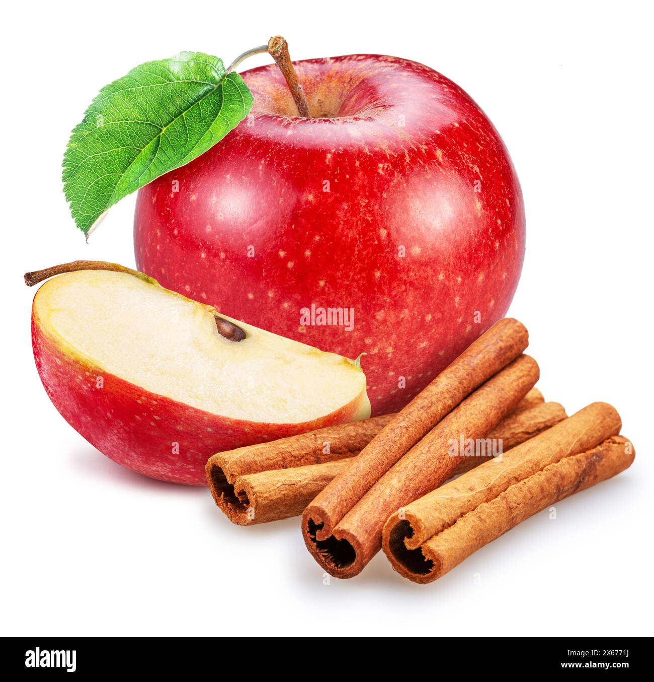 Red apple, apple slice and cinnamon sticks isolated on white background ...